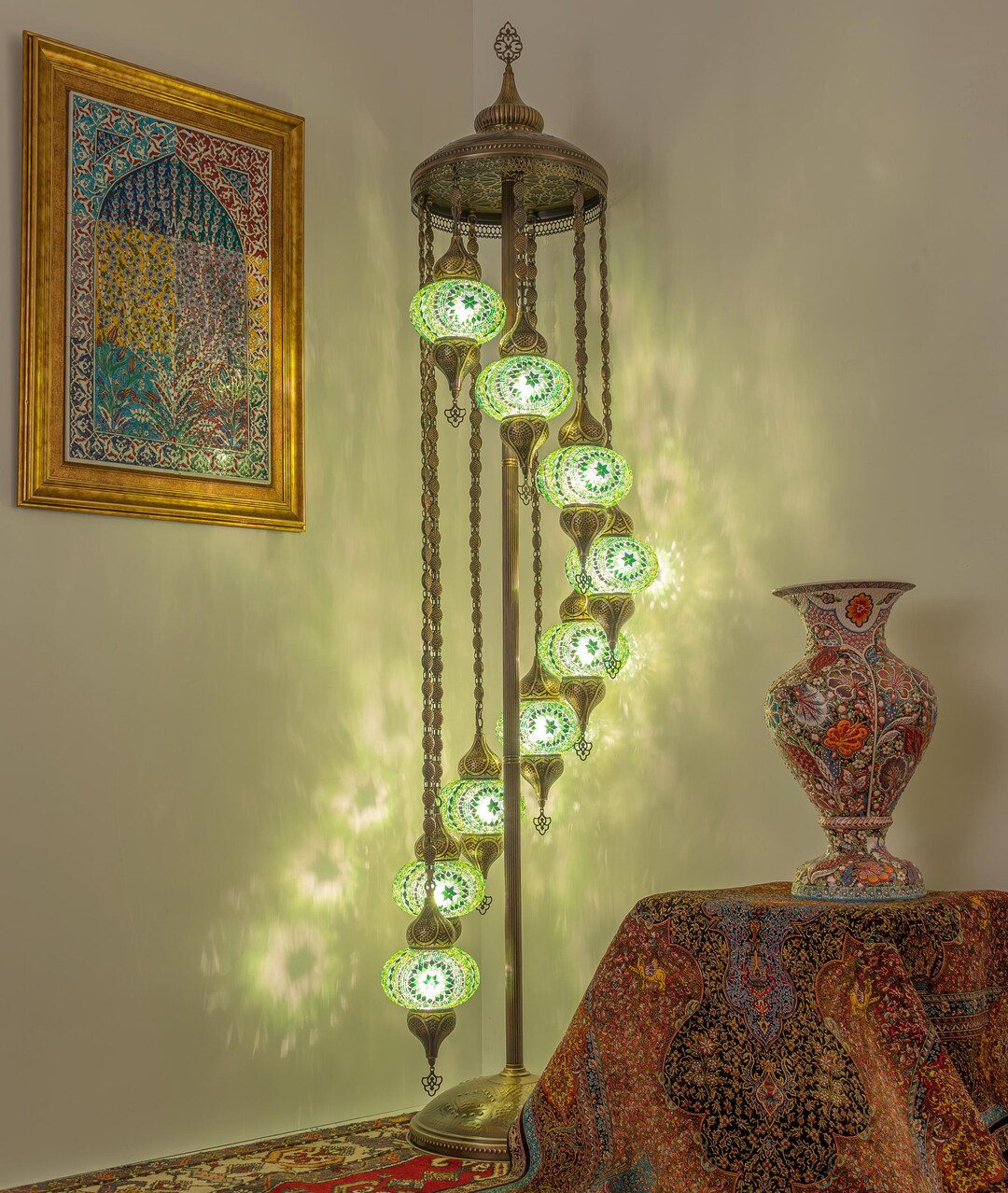 Nine Globe Turkish Mosaic Floor Lamp - Handcrafted Green Bohemian Lamp ...