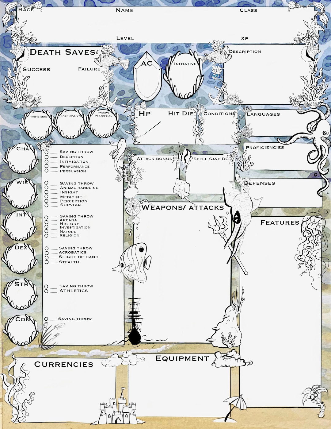 Printable Dungeons and Dragons Ocean Themed Character Sheet - Etsy