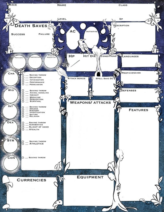 Printable Dungeons and Dragons Moon Themed Character Sheet - Etsy