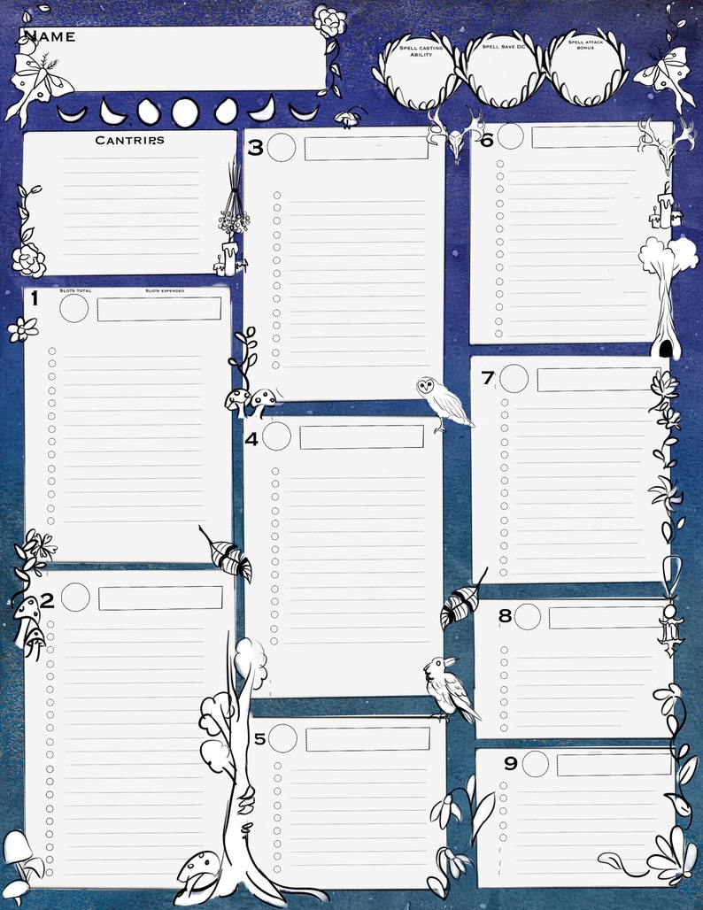 Printable Dungeons and Dragons Moon Themed Character Sheet - Etsy