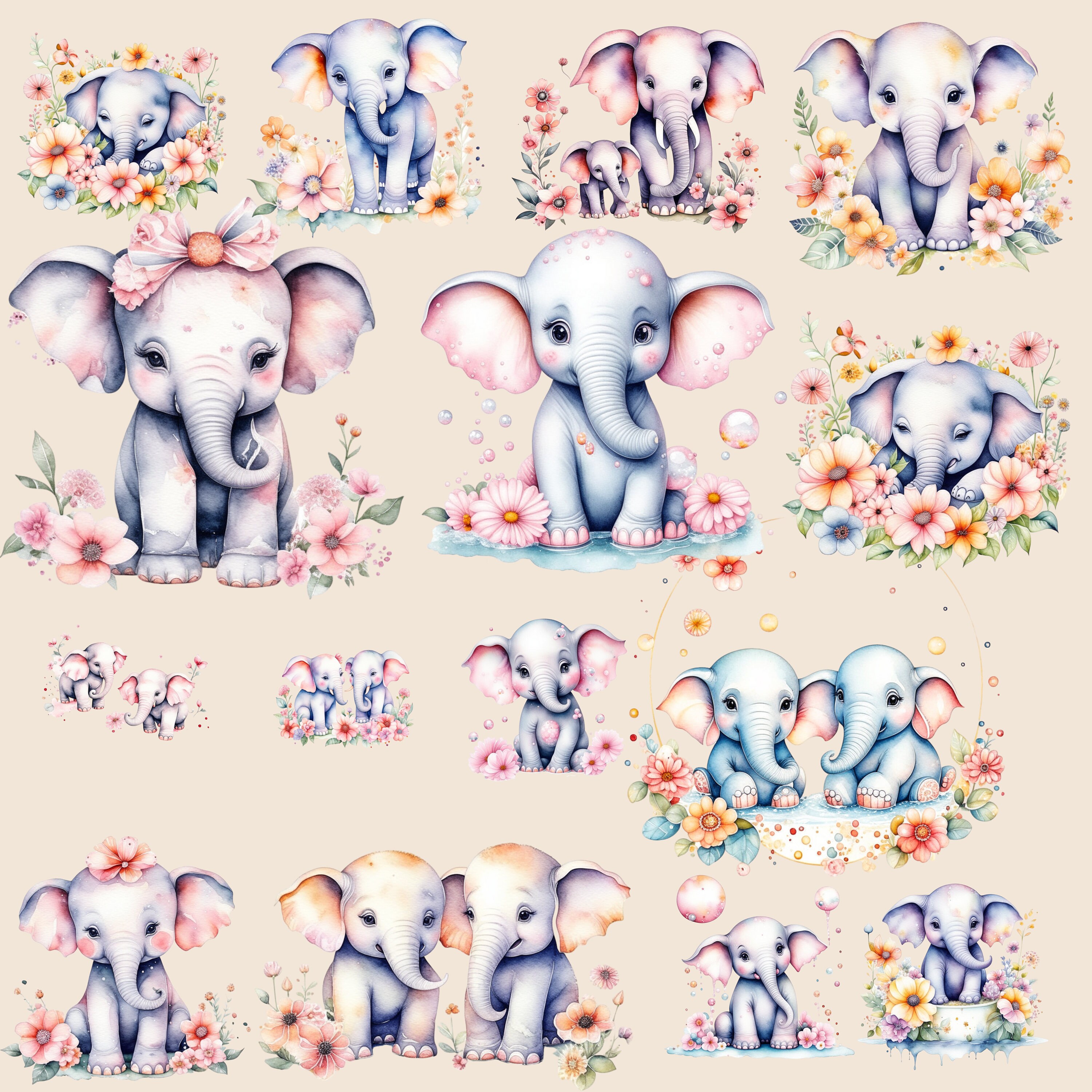 Baby Elephant Watercolor Clipart, Cute Elephants, PNG, PNG Bundle, Baby ...