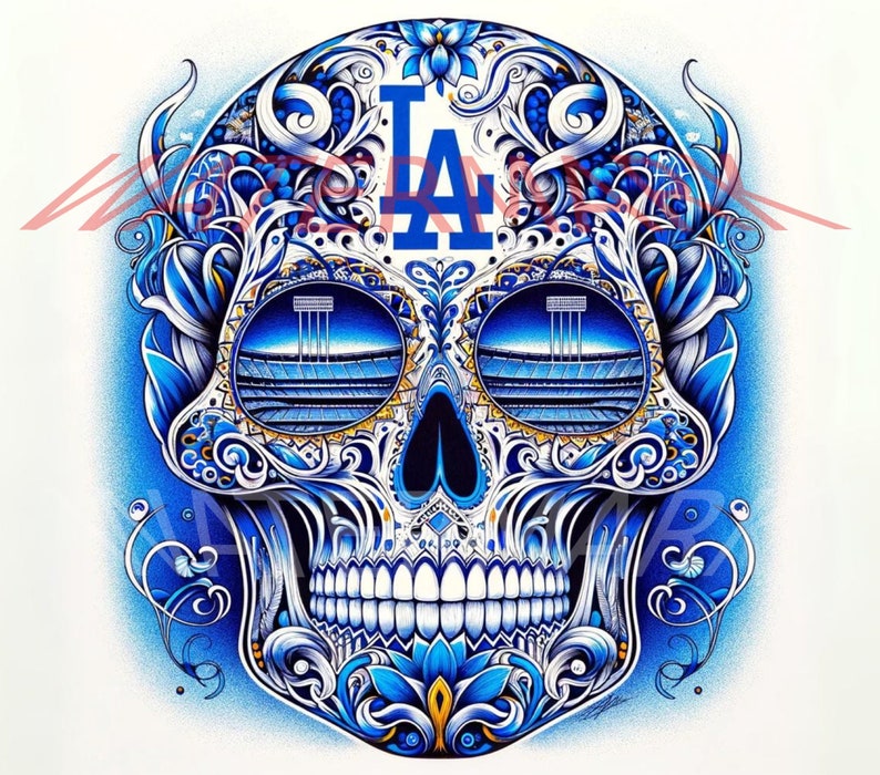 LA Los Angeles Sugar Skull 20oz Skinny Tumbler Wrap, Dodger Colors, PNG ...