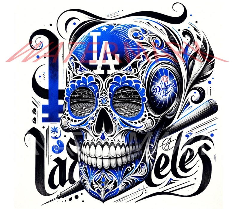 LA Los Angeles Sugar Skull 20oz Skinny Tumbler Wrap, Dodger Colors, PNG ...