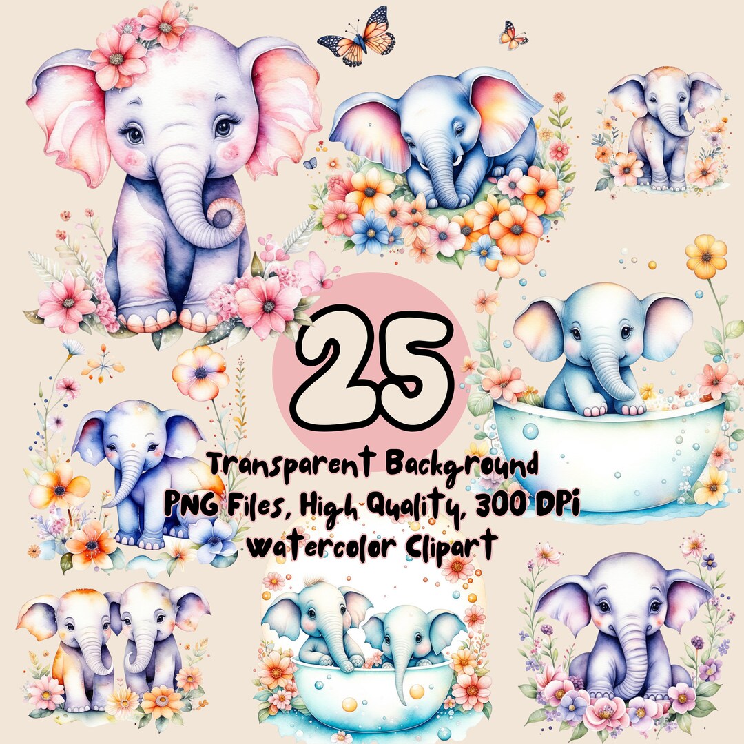 Baby Elephant Watercolor Clipart, Cute Elephants, PNG, PNG Bundle, Baby ...