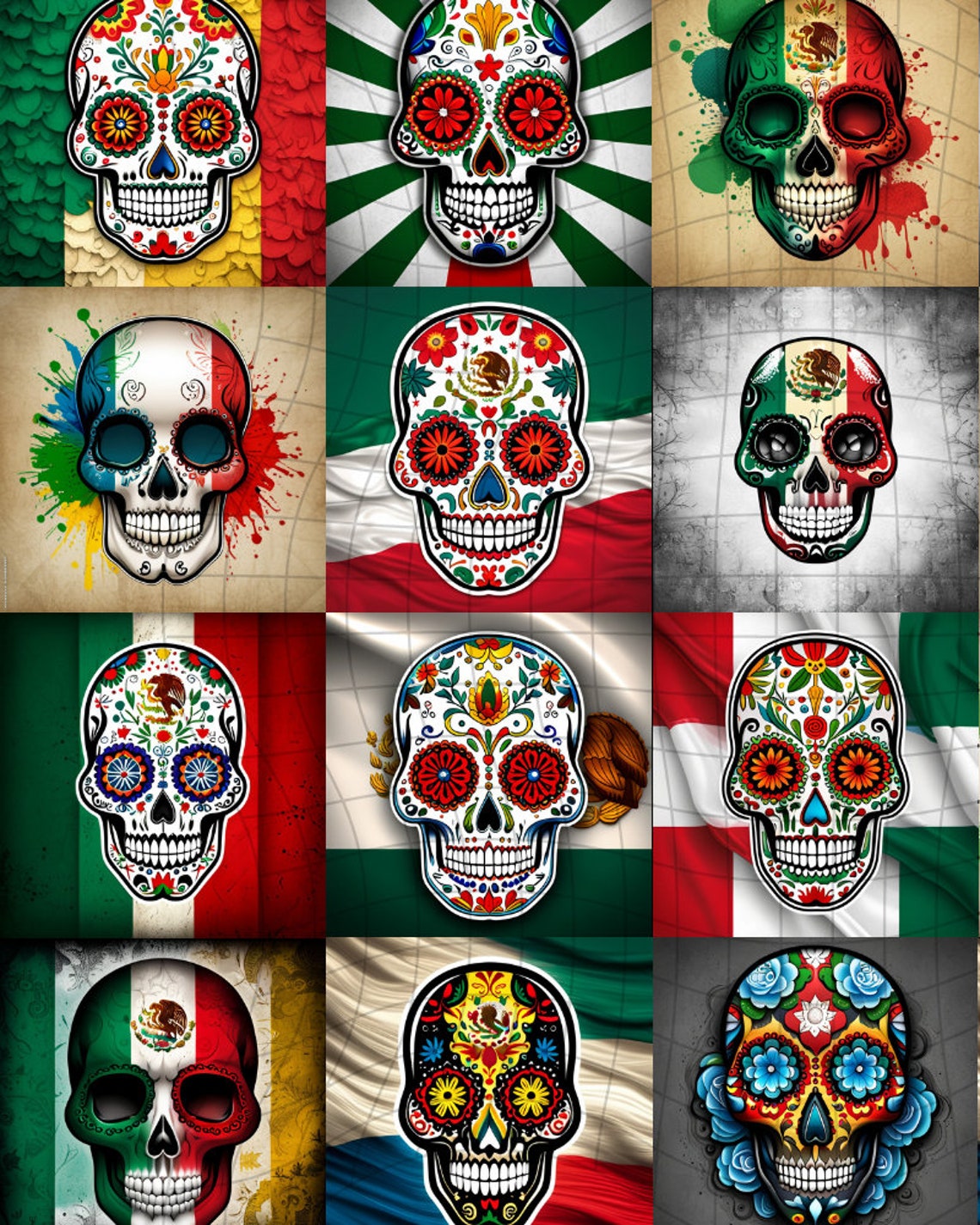 20 Sugar Skull Mexican Flag PNG Files, Digital Bundle, Viva Mexico ...