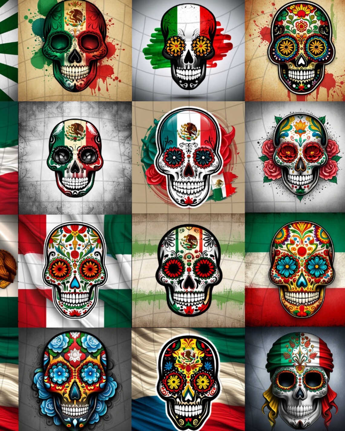 20 Sugar Skull Mexican Flag PNG Files, Digital Bundle, Viva Mexico ...