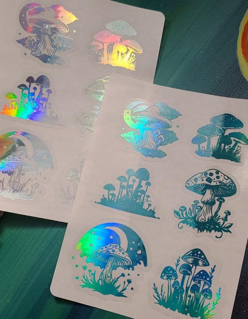 Mushroom Sticker Sheet • Holographic Mushroom Vinyl Stickers • Clear ...