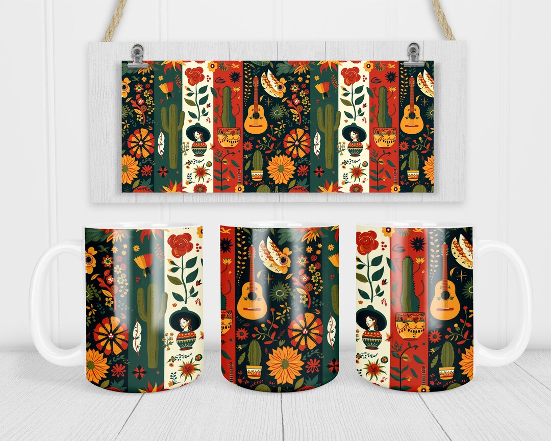 Folk Art Mug, Vibrant Mexican Pattern, Floral Cactus Design, Boho ...