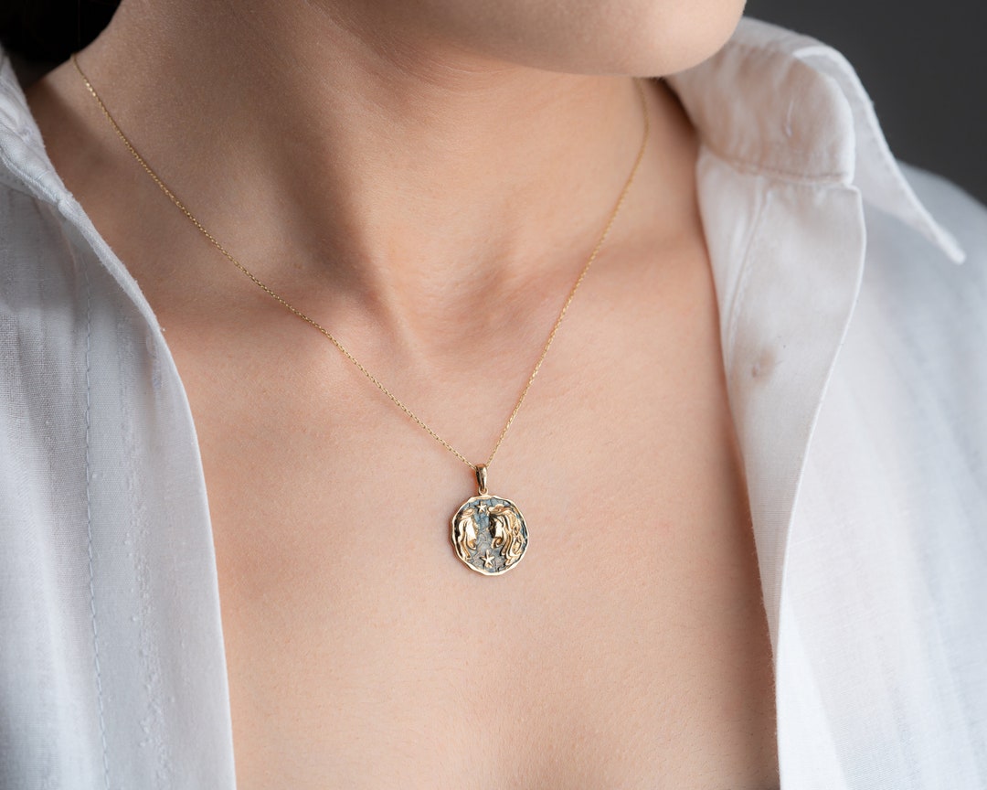 14K Gold Gemini Coin Pendant: Astrological Zodiac Necklace - Etsy