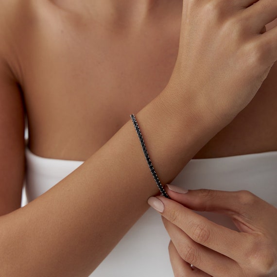 14k Solid Gold Black Stone Tennis Bracelet Handmade Jewelry Christmas Gift Ideas Minimalist Bracelet