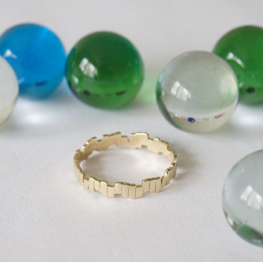 14K Solid Gold Asymmetrical Line Ring, Layered Bold Block Ring, Dainty ...