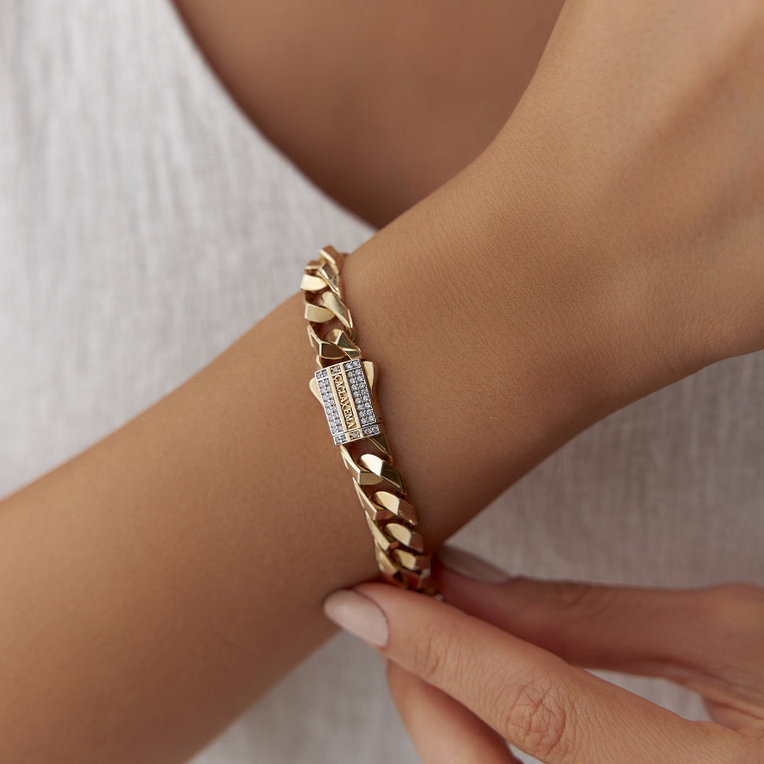 14 K Solid Gold Pyramid Cuban Chain Bracelet - Etsy