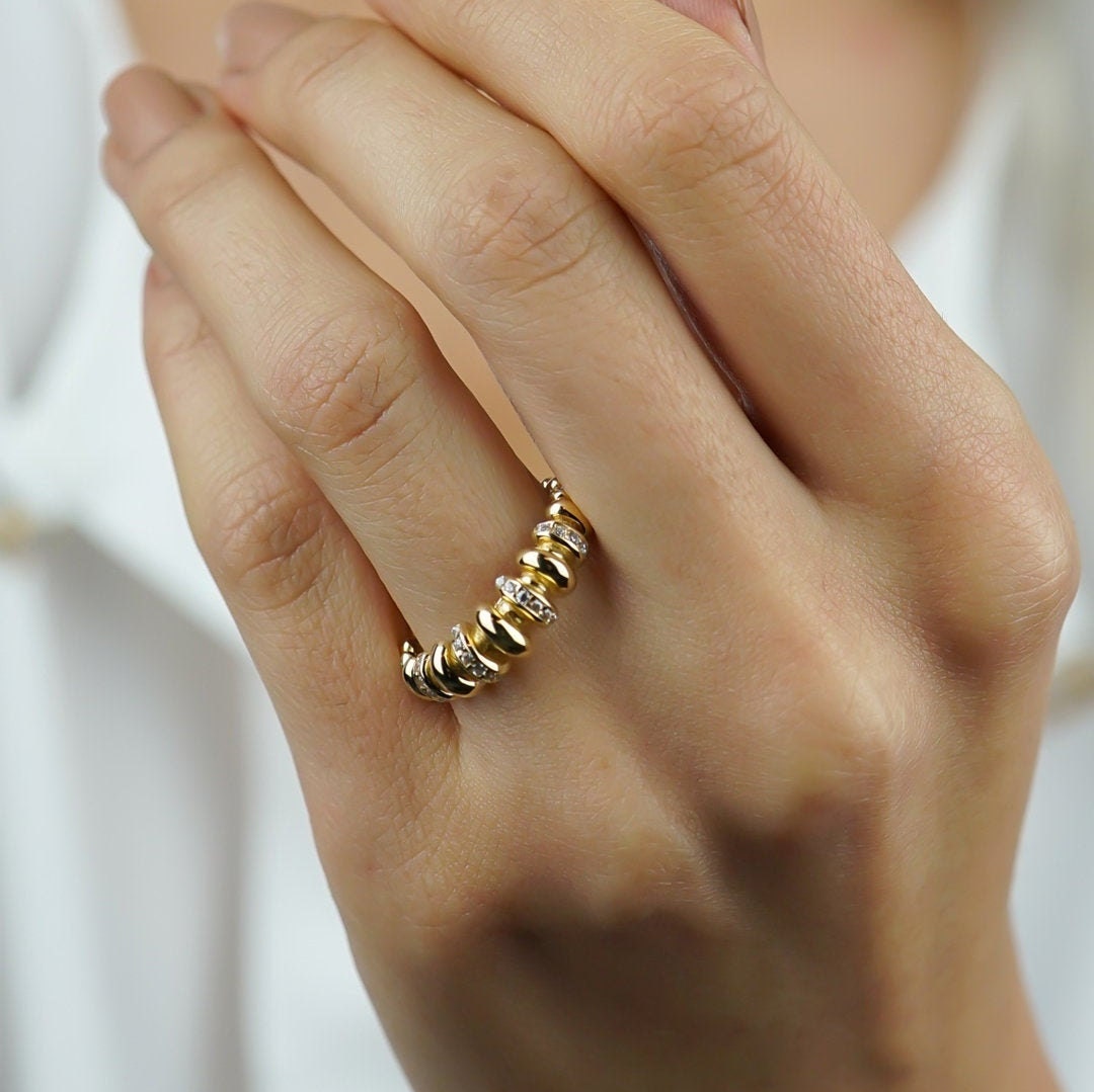 14K Solid Gold Auger Ring, Yellow Gold Stackable Ring With Zircon Stone, Gold Wedding Band ...