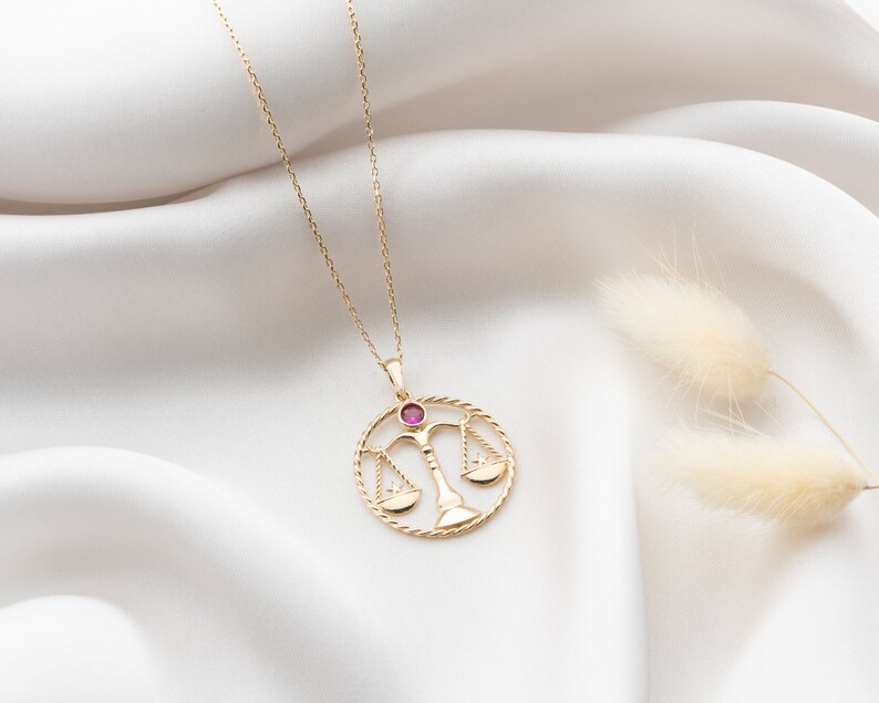 14K Gold Libra Pendant: Ruby Zircon Astrological Charm - Etsy