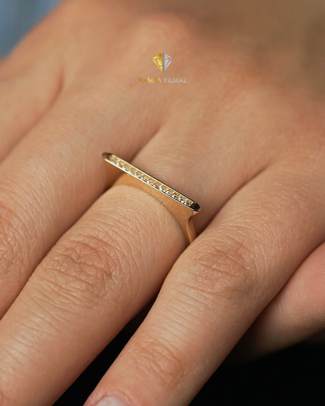 14K Solid Gold Line Ring With Zircon Stone, Yellow Flat Cut Ring ...