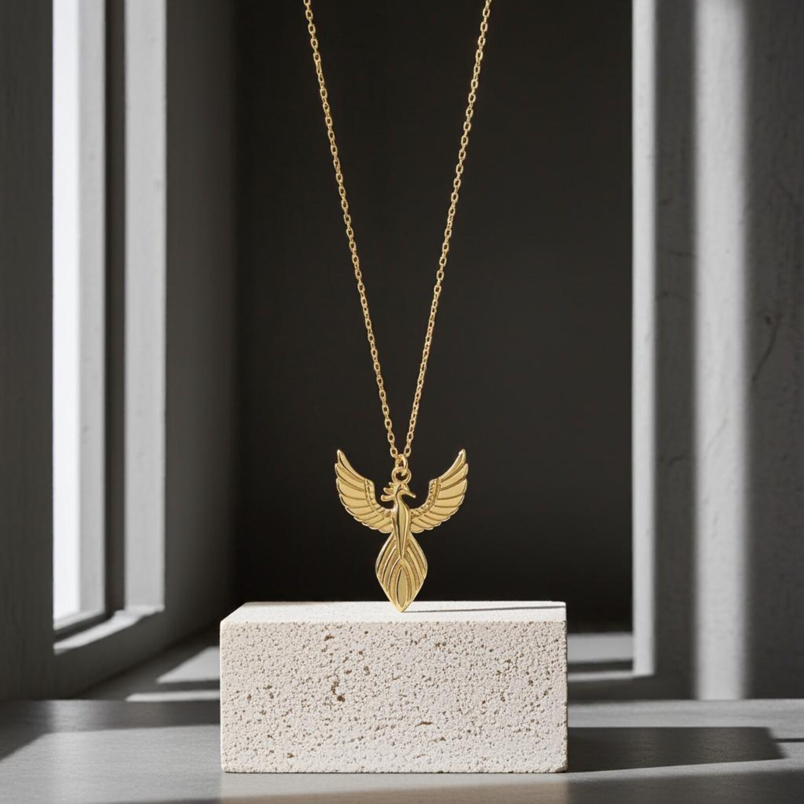 14K Solid Gold Phoenix Necklace: Firebird Simurgh Pendant - Etsy