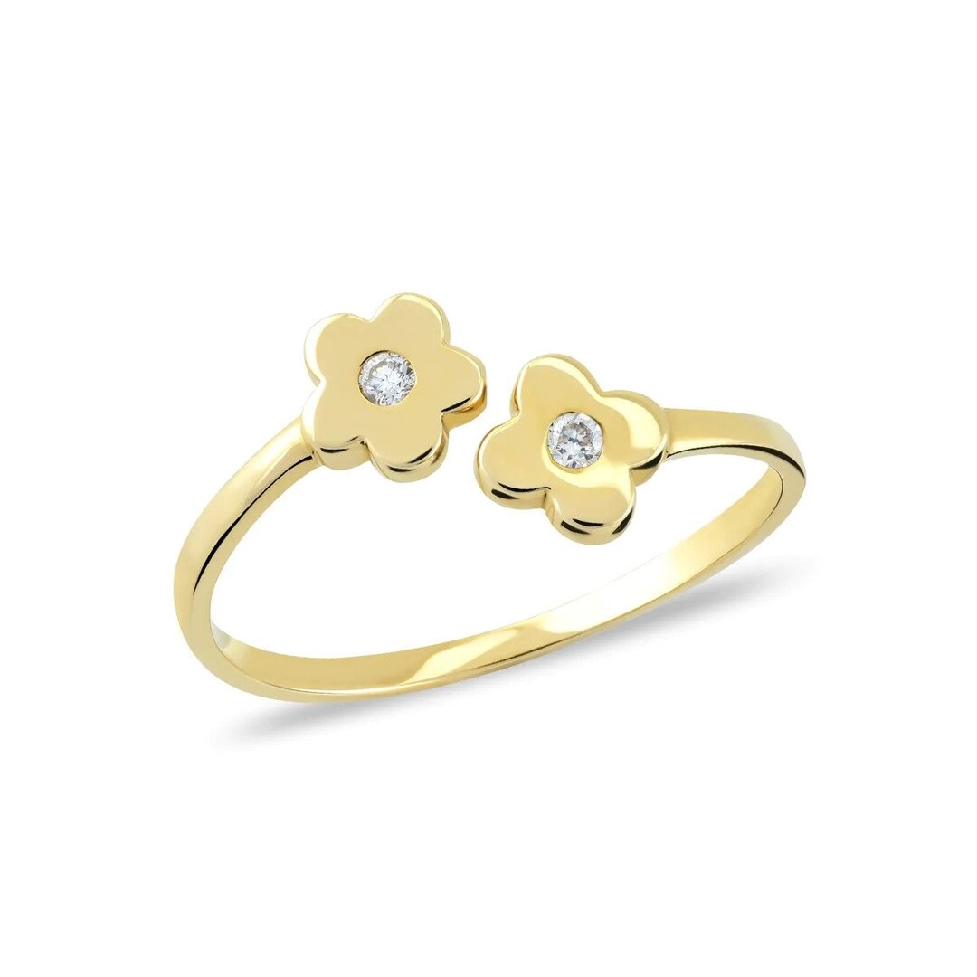 14K Gold Clover Charm Ring With Real Diamond, Delicate Clover Shaped ...