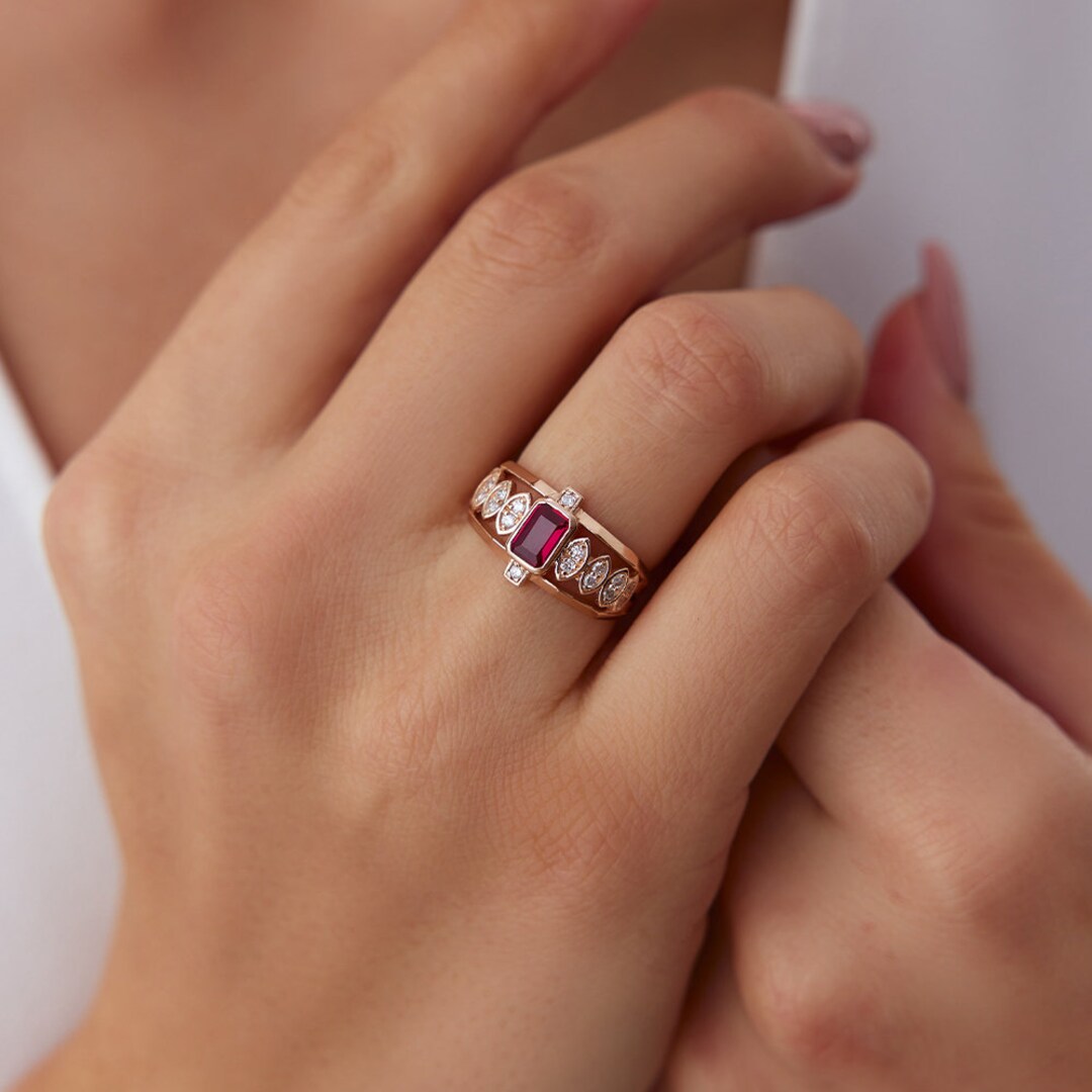 14k Rose Gold Ruby Crown Ring: Diamond Accent Statement Ring - Etsy