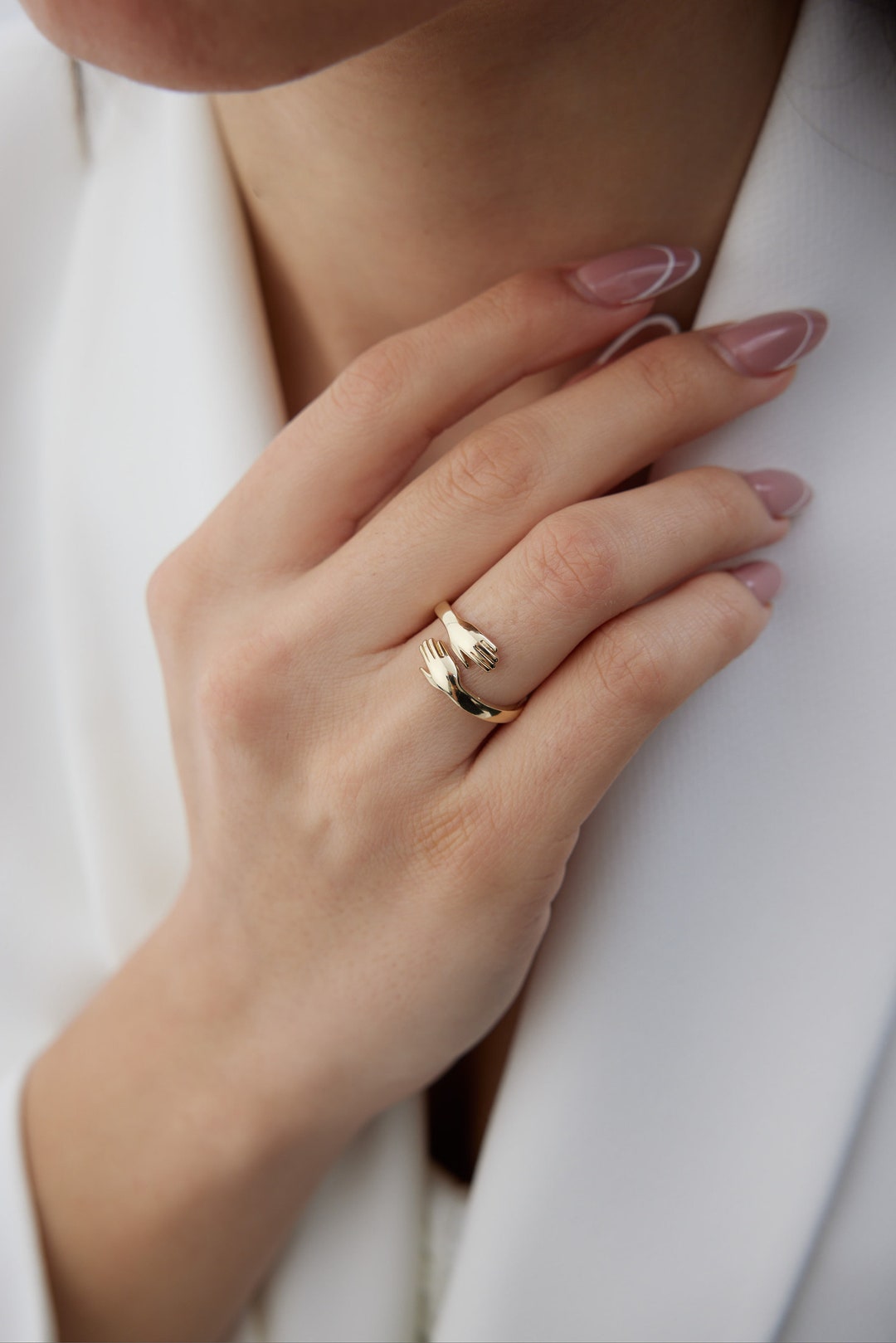 14k Solid Gold Hug Ring, Wrap Gold Ring, Dainty Two Hands Ring, Love ...