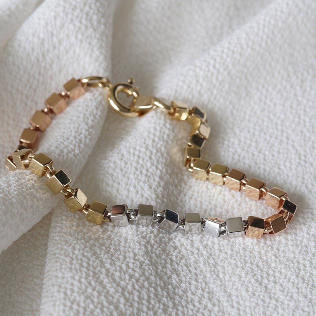 14K Gold Multi Cube Beaded Chain Bracelet, Cubic Design Chain Bracelet ...