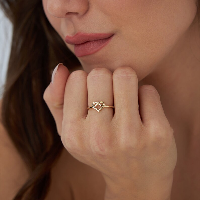 14 K Solid Gold Knot Heart Line Ring, Infinity Heart Ring, Promise Ring - Etsy