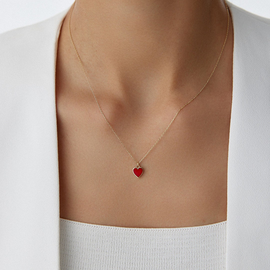 14K Solid Gold Red Enamel Heart Necklace, Minimalist Necklace, Tiny ...