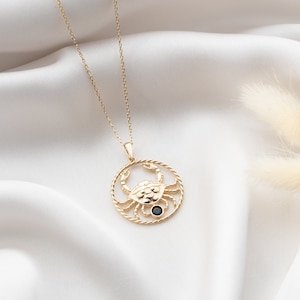 14K Solid Gold Cancer Pendant With Emerald Zircon Stone, Astrological ...