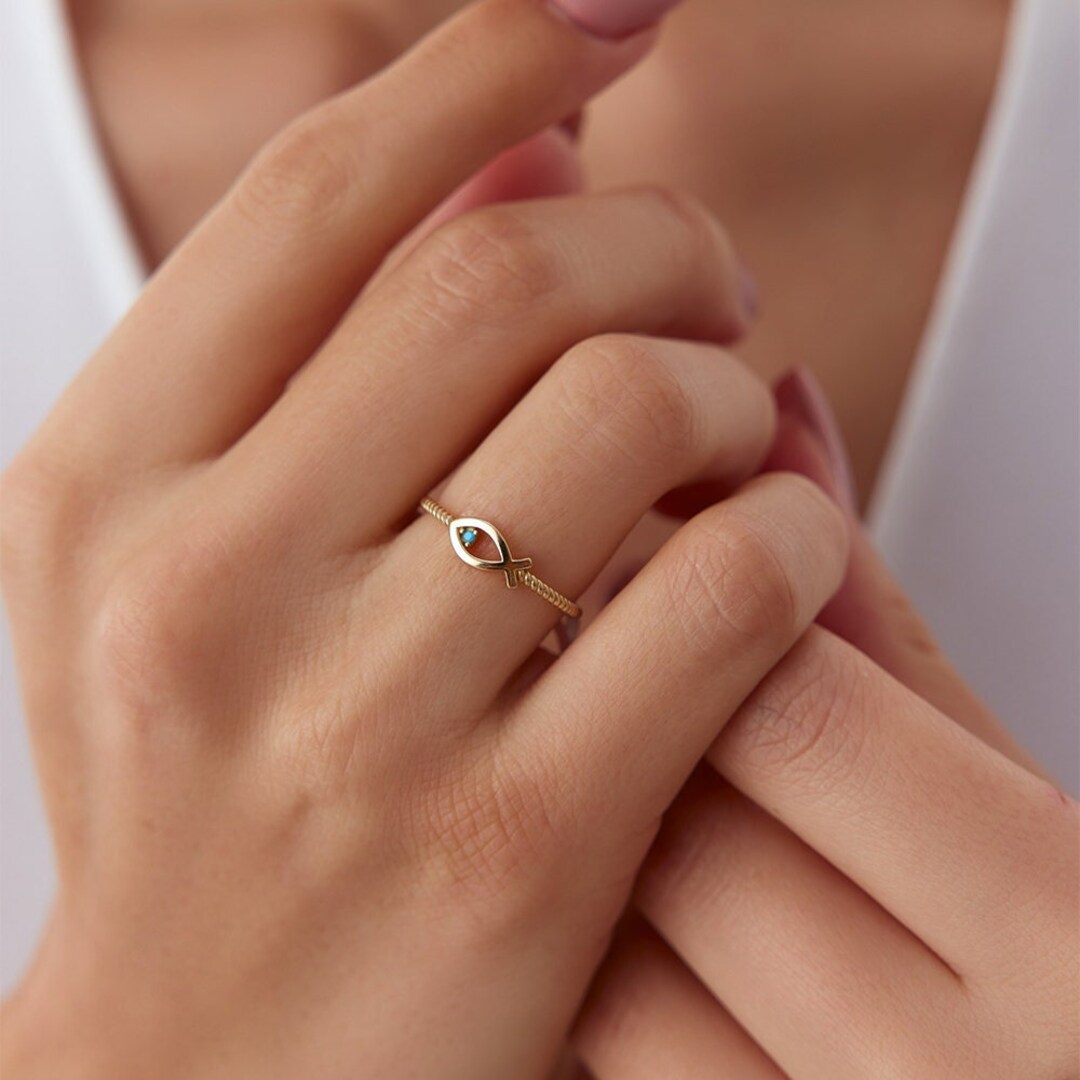 14k Gold Ichthus Fish Ring: Turquoise Gemstone, Dainty Rope Band - Etsy