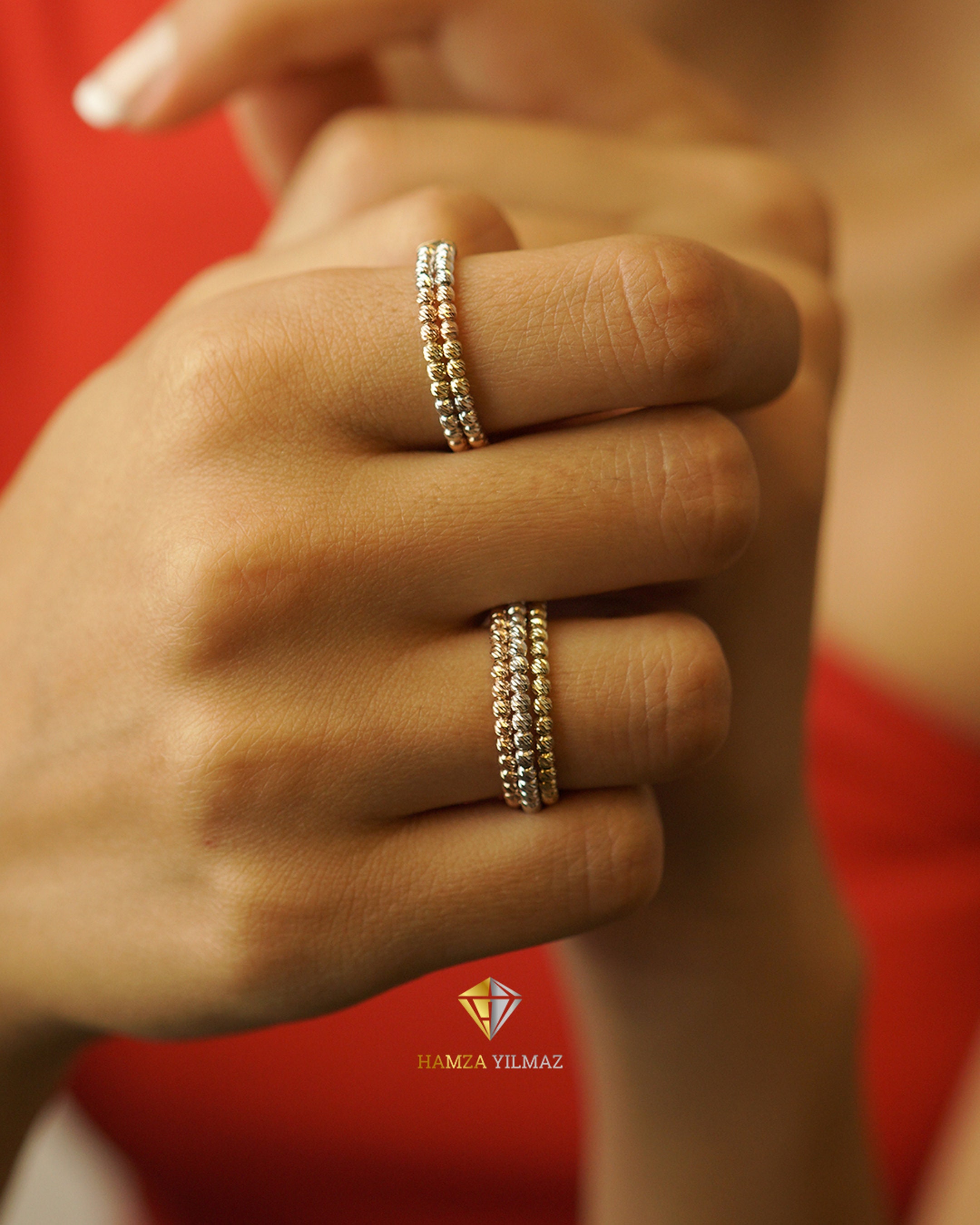 14K Gold Three Color Two Row Dorica Balls Beaded Ring - Etsy