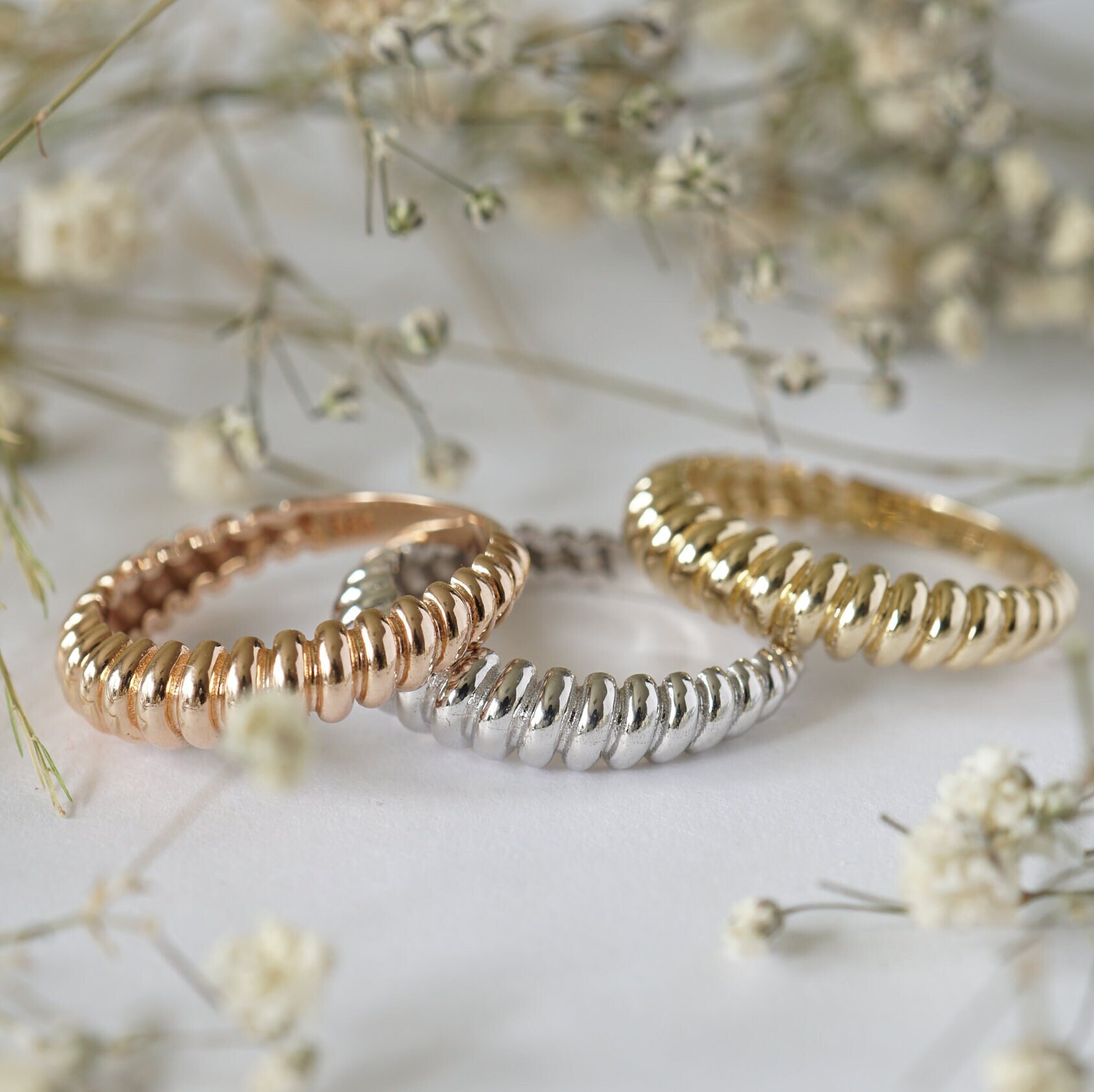 14K Solid Gold Auger Ring, Croissant Ring, Gold Braided Ring, Twisted Rope Gold Wedding Band ...