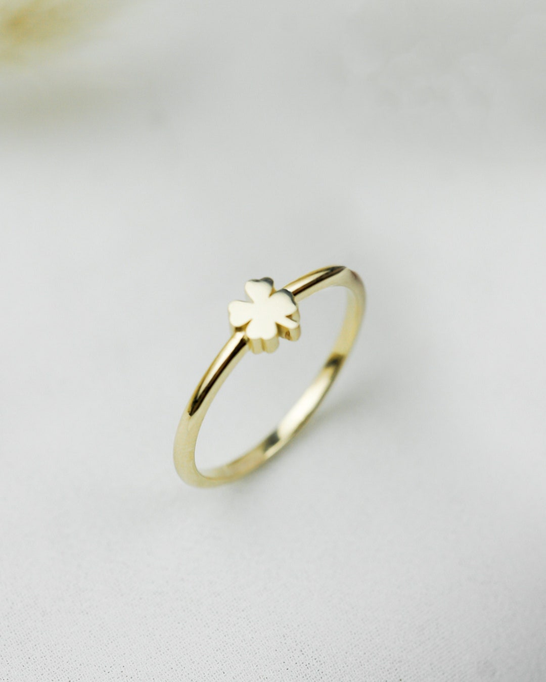 14K Gold Clover Charm Ring, Delicate Clover Shaped Ring, Four Leaf Shamrock Ring, Tiny Flower ...