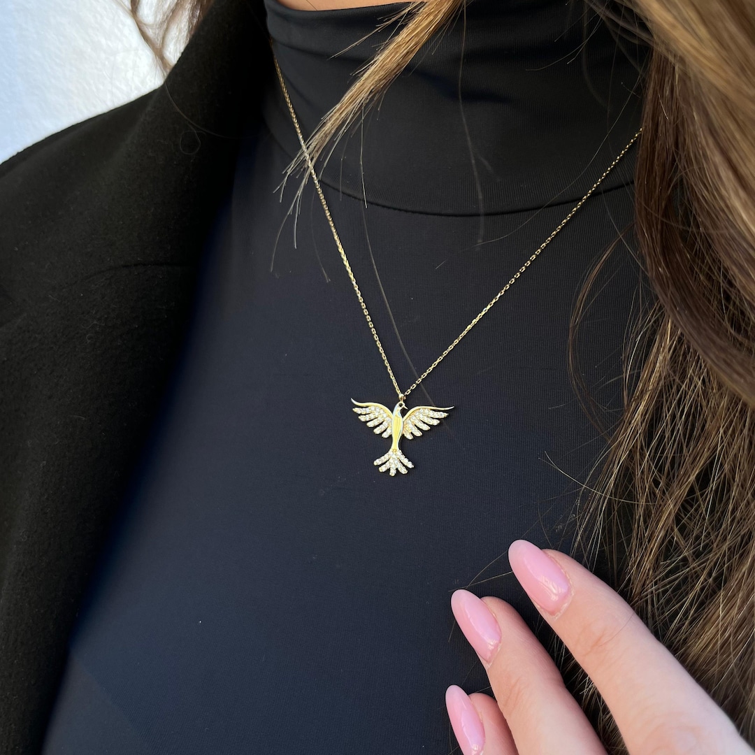 14K Gold Dainty Phoenix Necklace, Gold Bird Pendant, Firebird Necklace ...