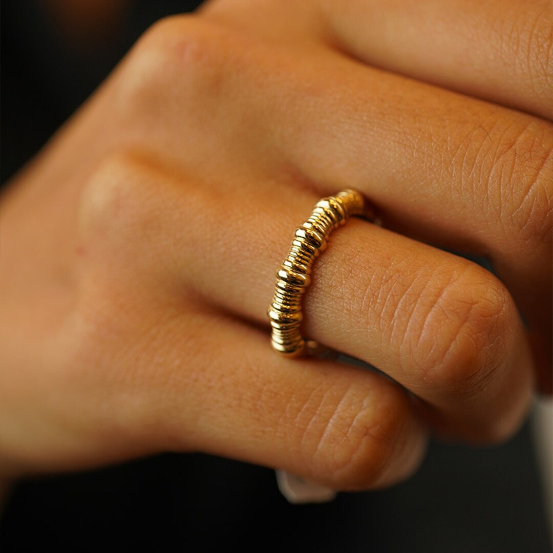 14k Gold Auger Bamboo Design Ring, Stackable Band, Bold Statement Ring ...