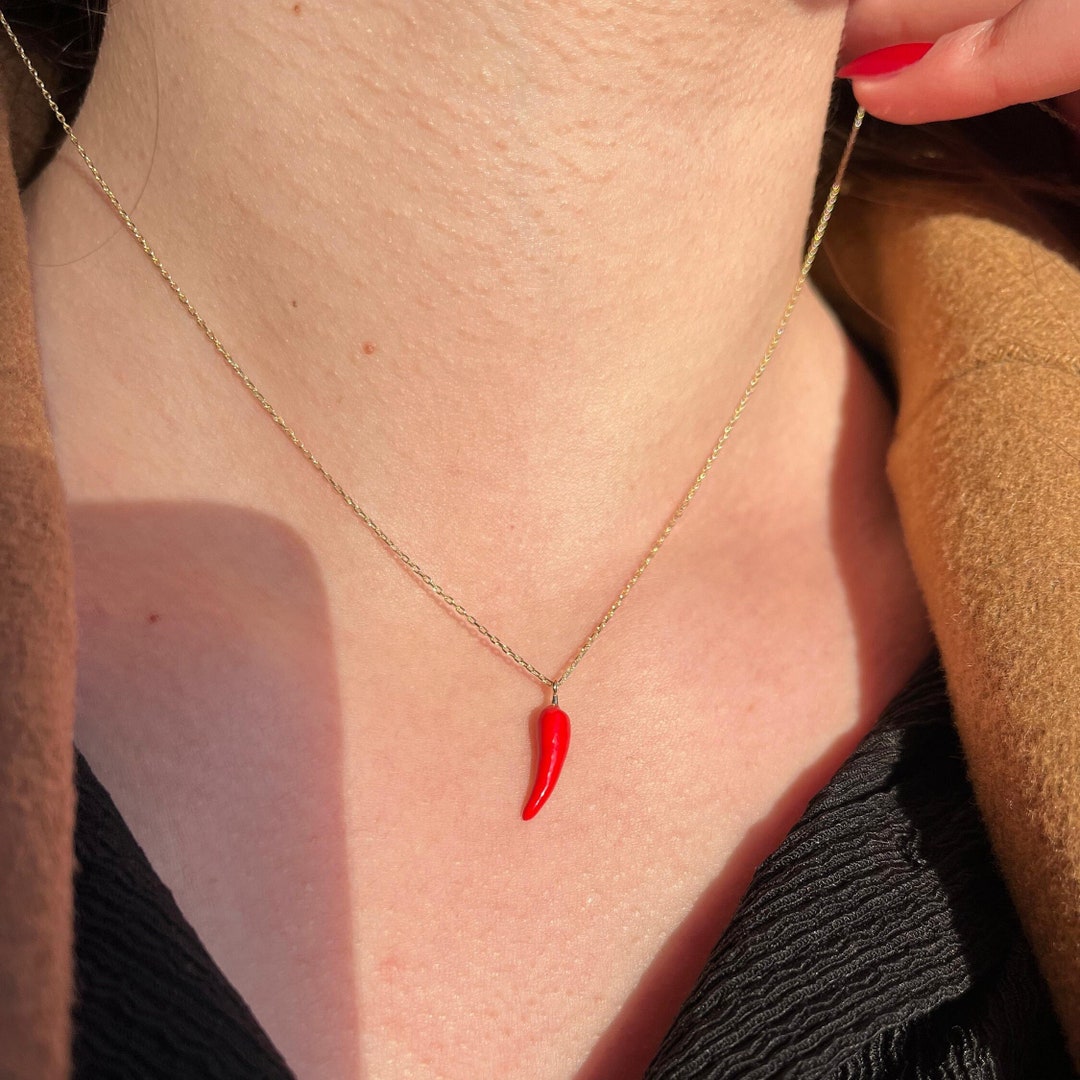 14K Solid Gold Red Enamel Chili Pepper Necklace - Etsy