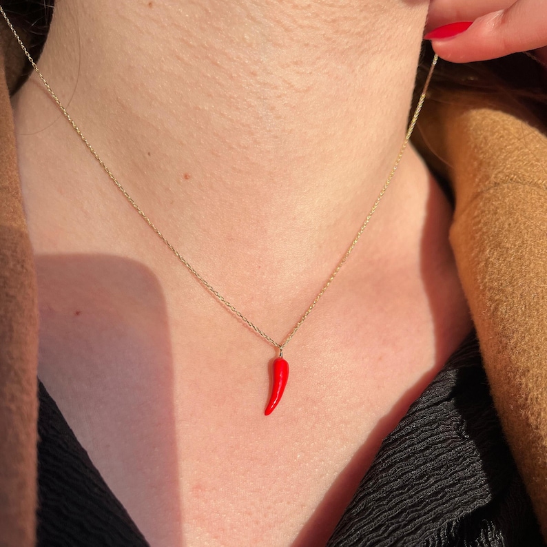 14K Solid Gold Red Enamel Chili Pepper Necklace - Etsy