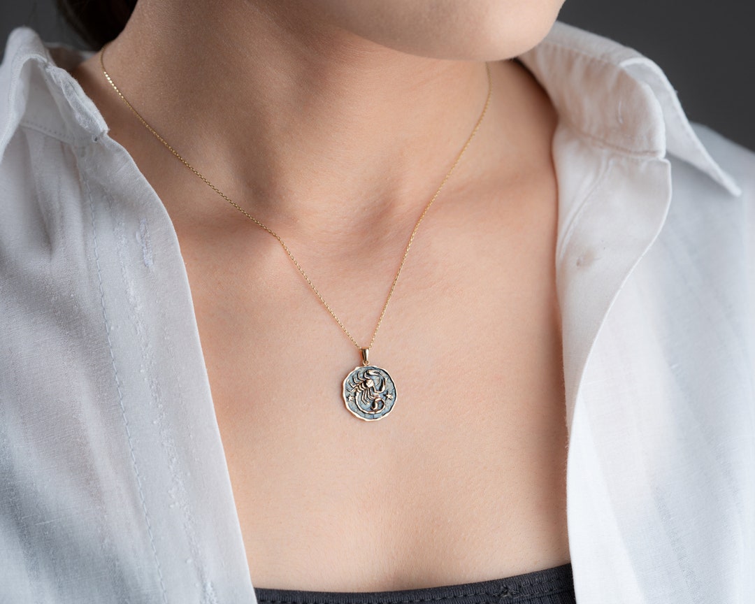 14K Solid Gold Scorpio Coin Pendant, Astrological Horoscope Charms ...