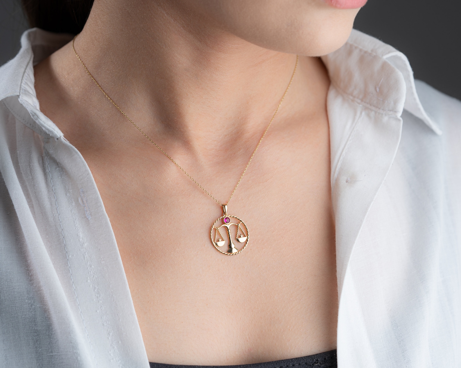 14K Gold Libra Pendant: Ruby Zircon Astrological Charm - Etsy