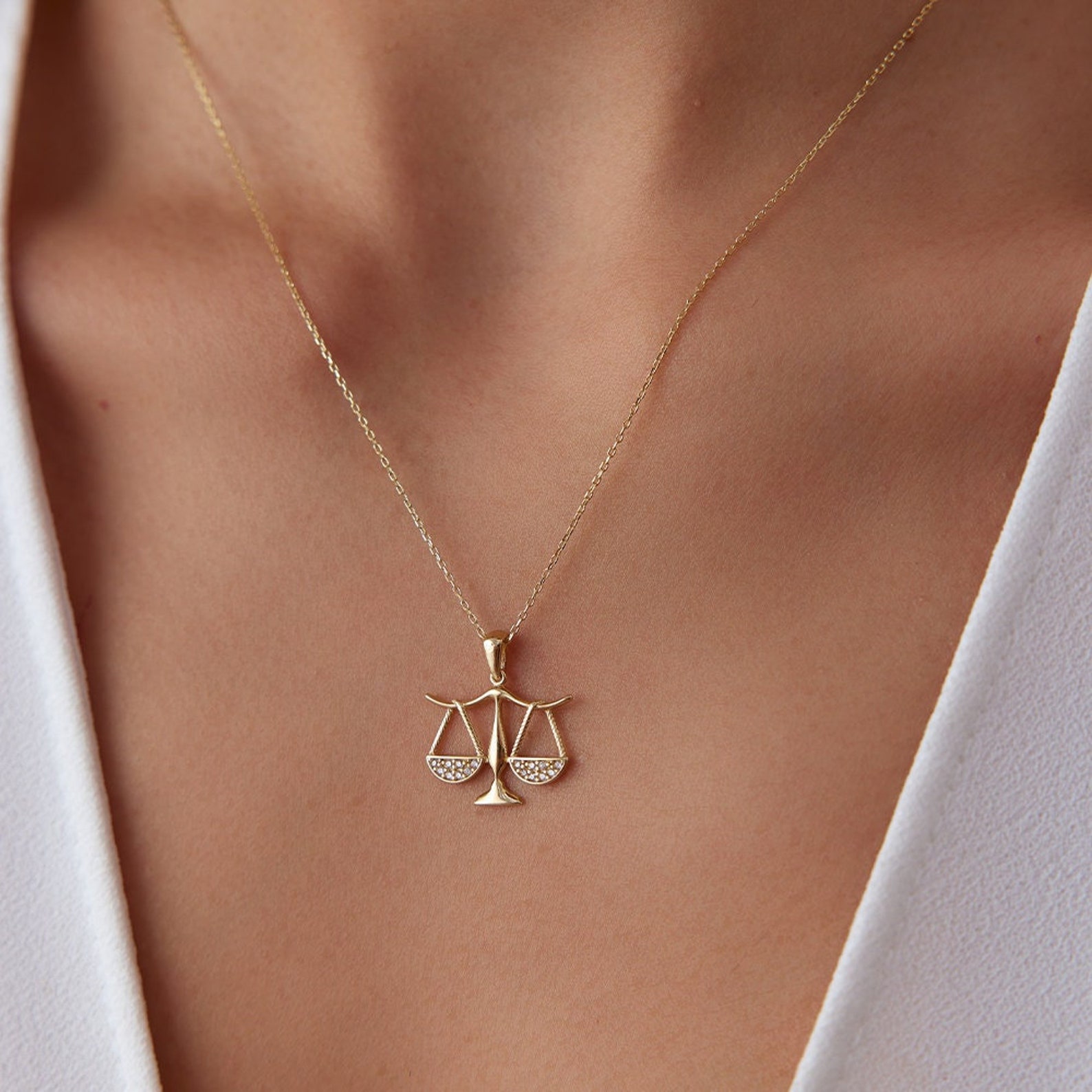 14 K Solid Gold Libra Necklace , Scales of Justice Necklace, Libra ...