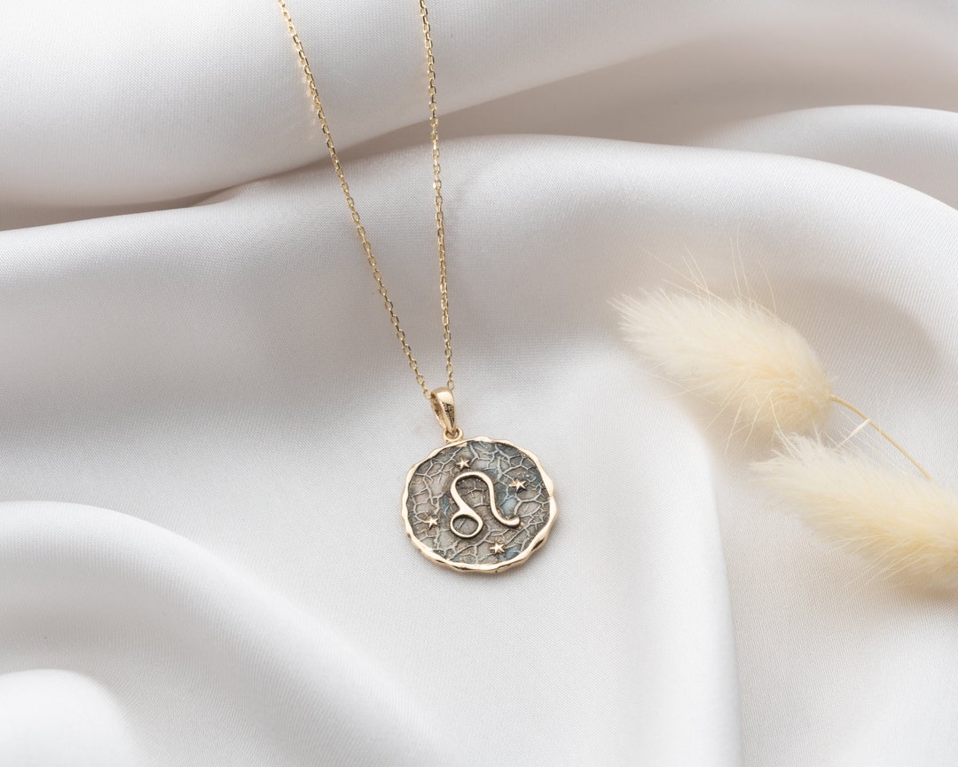 14K Solid Gold Leo Coin Pendant, Astrological Horoscope Charms, Zodiac ...
