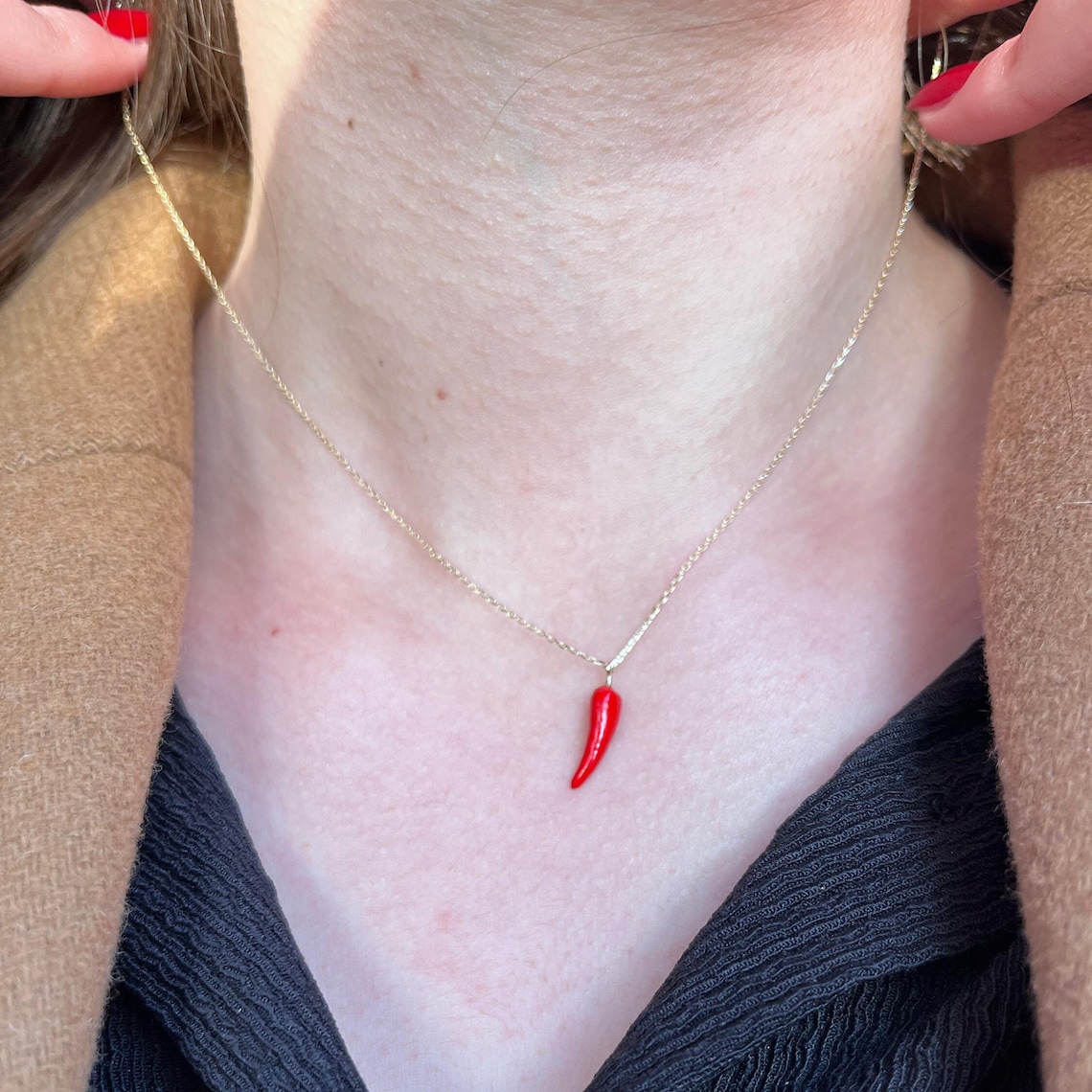 14K Solid Gold Red Enamel Chili Pepper Necklace - Etsy