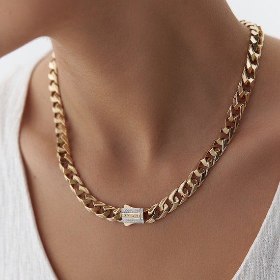 14 K Solid Gold Designer Cuban Necklace 9 Mm Gold Cuban Chain Necklace Etsy