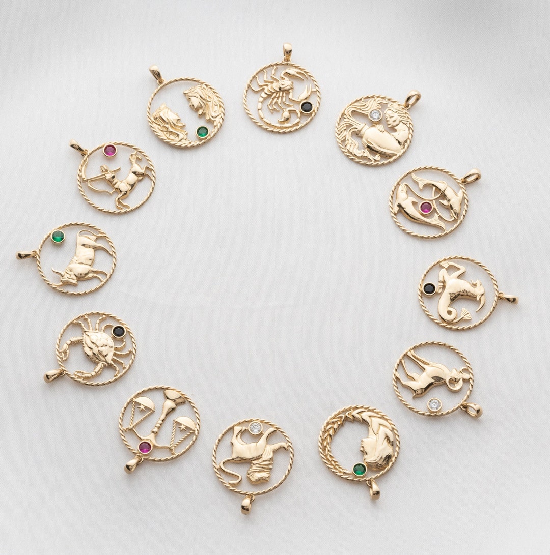 14K Gold Taurus Pendant With Emerald Zircon, Zodiac Charm, Celestial ...