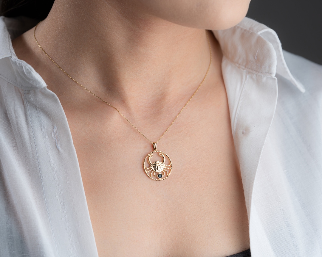 14K Solid Gold Cancer Pendant With Emerald Zircon Stone, Astrological ...