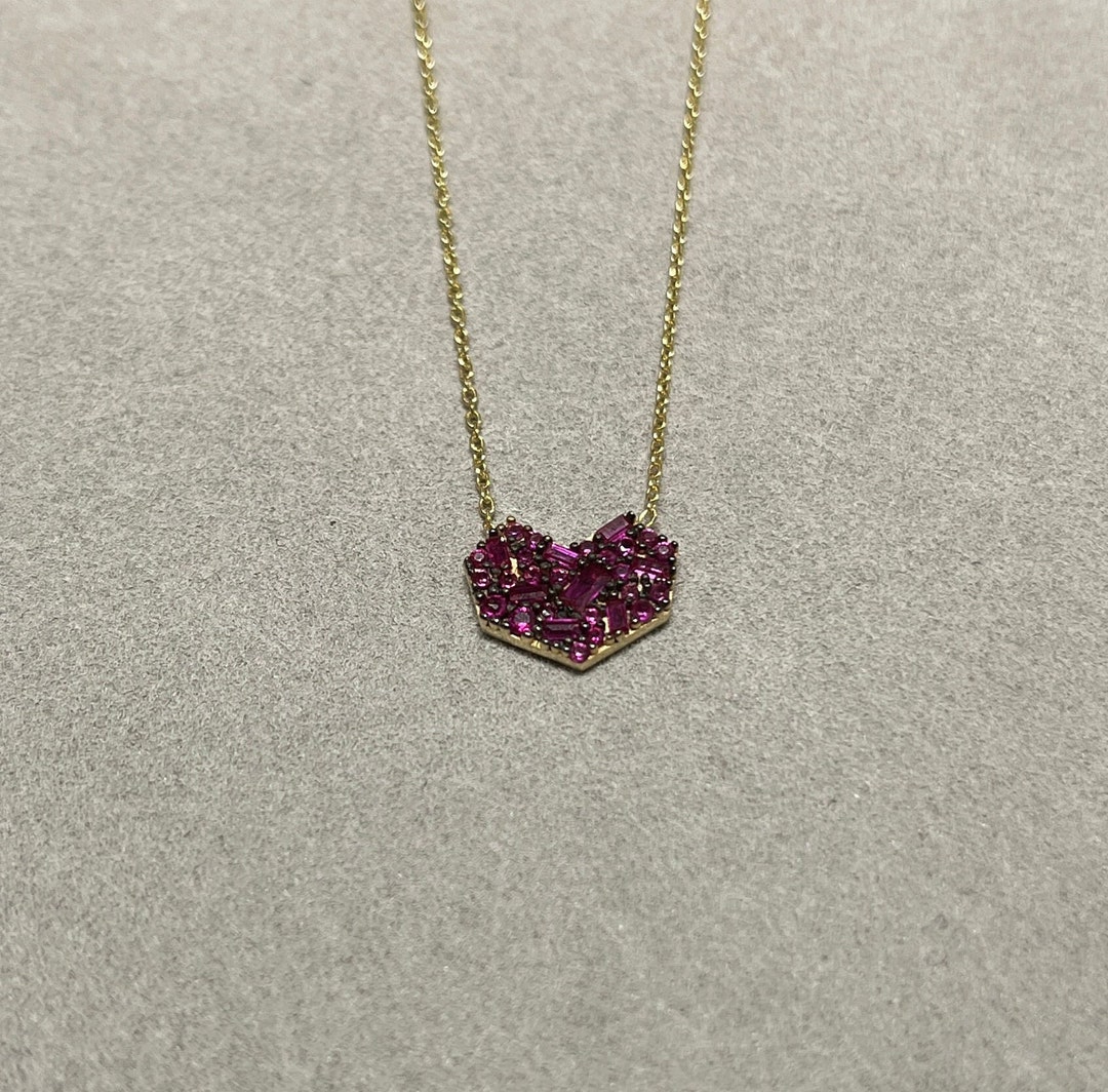 Ruby Paved Heart-shaped 14 K Gold Necklace, Modern Heart Necklace, Chic ...