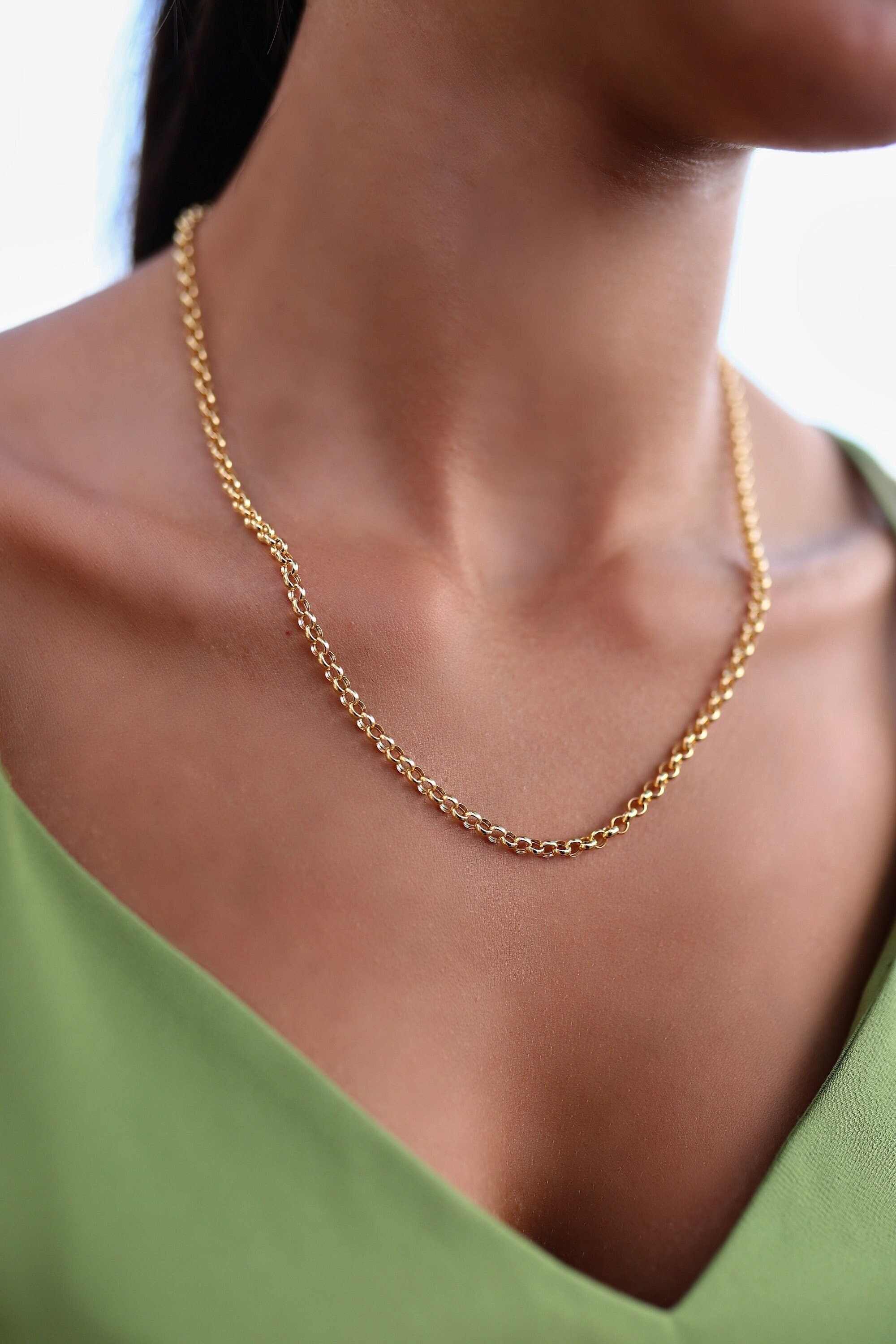 14K Solid Gold Rolo Link Chain Necklace, Yellow Gold Genuine Chain ...