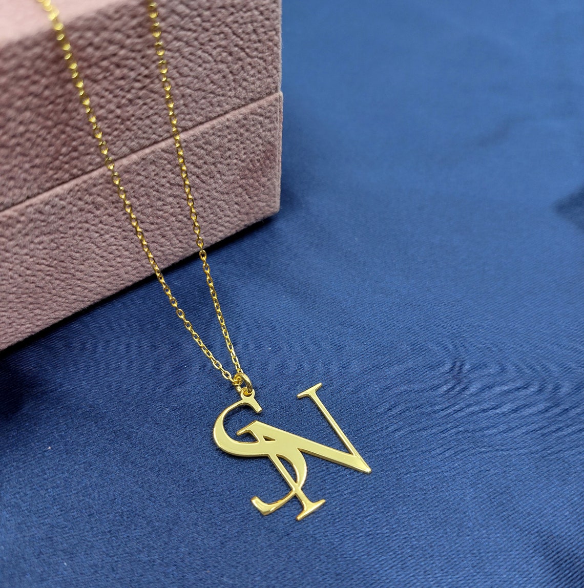 14K Gold Two Initial Necklace: Custom Double Letter Pendant - Etsy