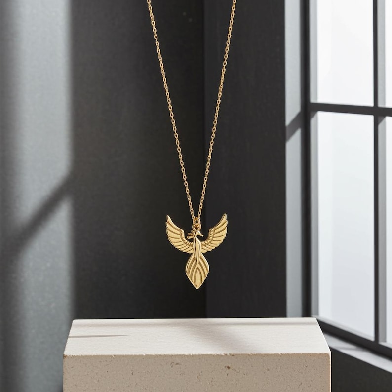 14K Solid Gold Phoenix Necklace: Firebird Simurgh Pendant - Etsy