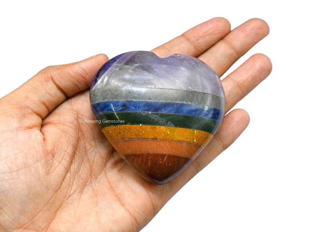 7 Chakra Crystal Puffy Heart Stone, Healing Crystal Heart Shaped ...