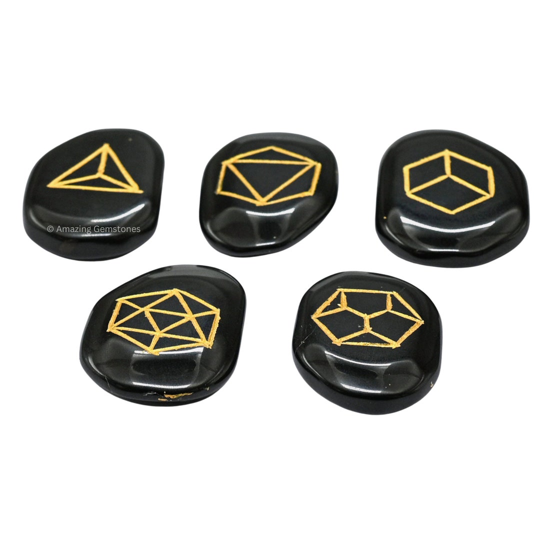 Black Agate Fifth Element Stone, Set of 5 Engraved Stone for Meditation ...