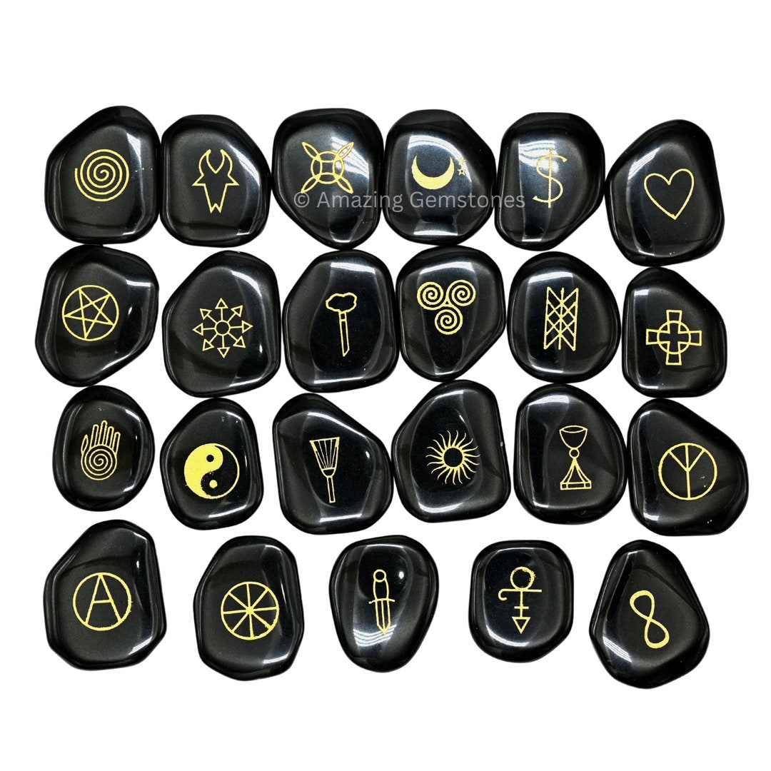 Black Agate Crystal Pagan Wiccan, Set of 23 Witches Magic Engraved ...